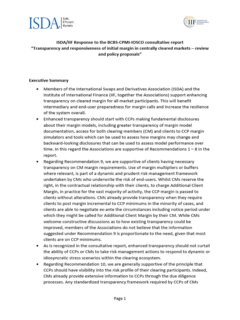 ISDA IIF Response To The BCBS-CPMI-IOSCO Consultative Report On Margin ...