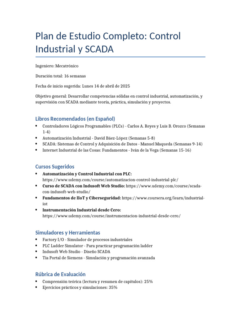 Plan Estudio Completo Control SCADA | PDF | Scada | Controlador lógico programable