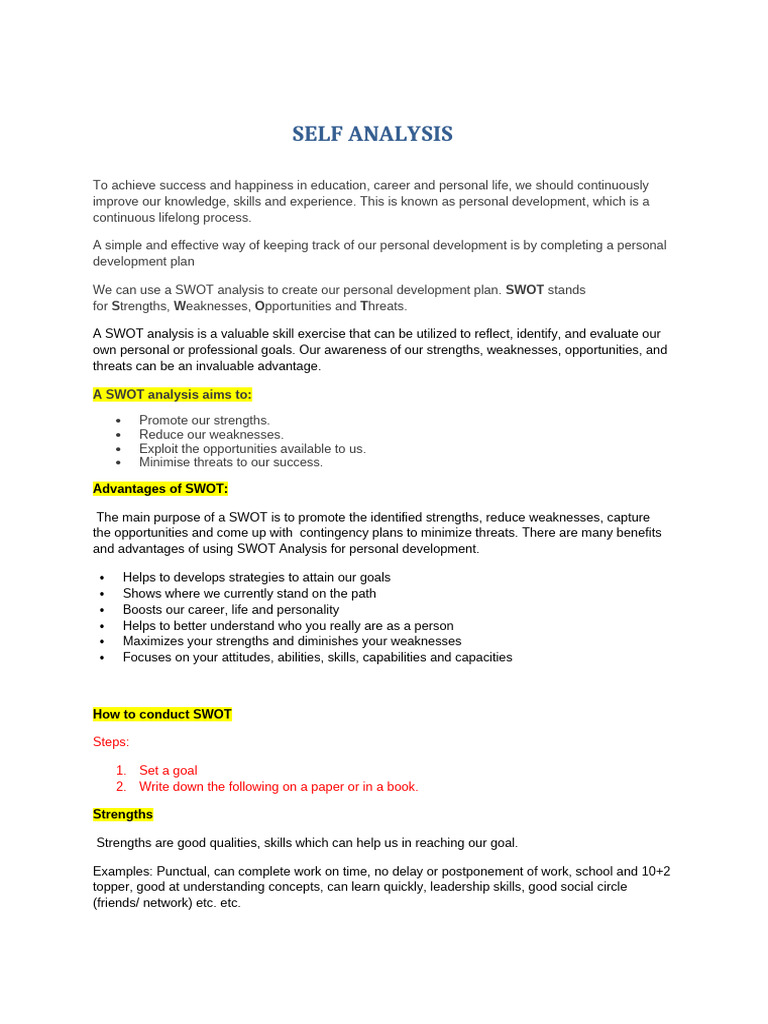 SWOT Analysis and Johari Window Notes - Sem 1 | PDF | Swot Analysis | Goal