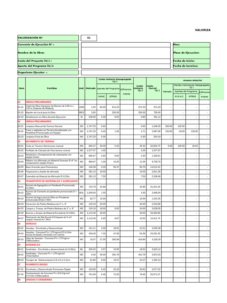 Valorizacion Mensual de Obra | PDF