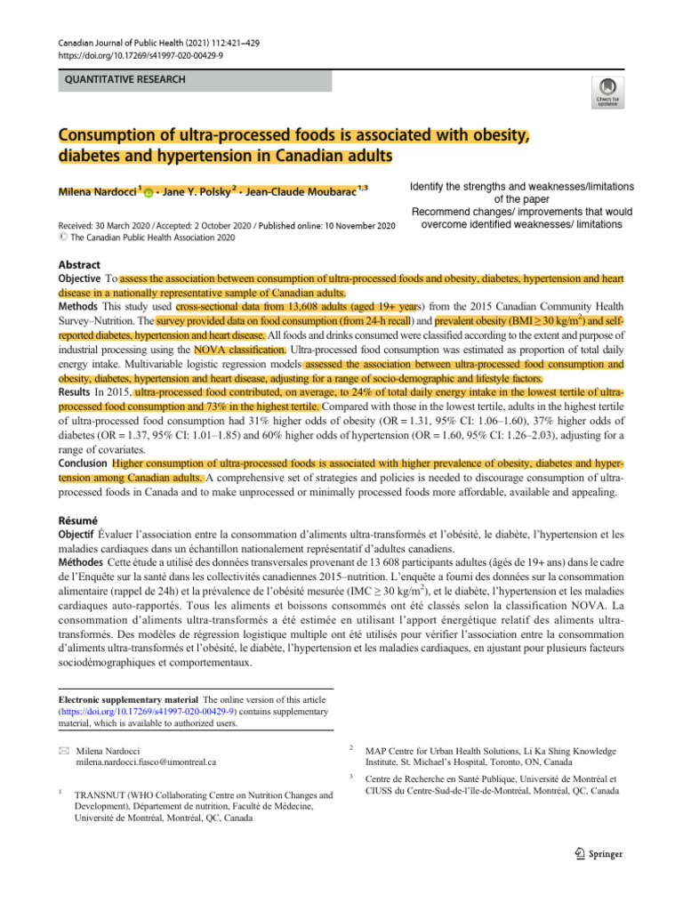 Ultra-Processed Foods and Chronic Diseases in Canada | PDF | Obesity ...