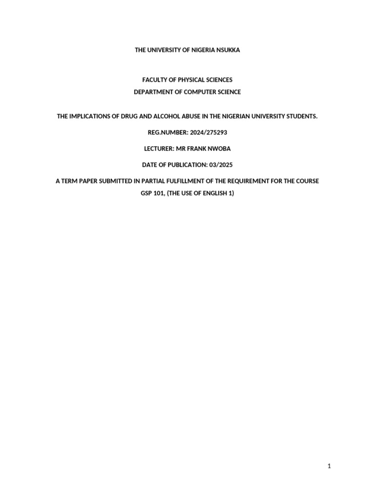 The University of Nigeria Nsukka | PDF | Substance Abuse | Mental Disorder