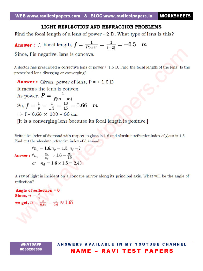 Light Reflection & Refraction Problems | PDF