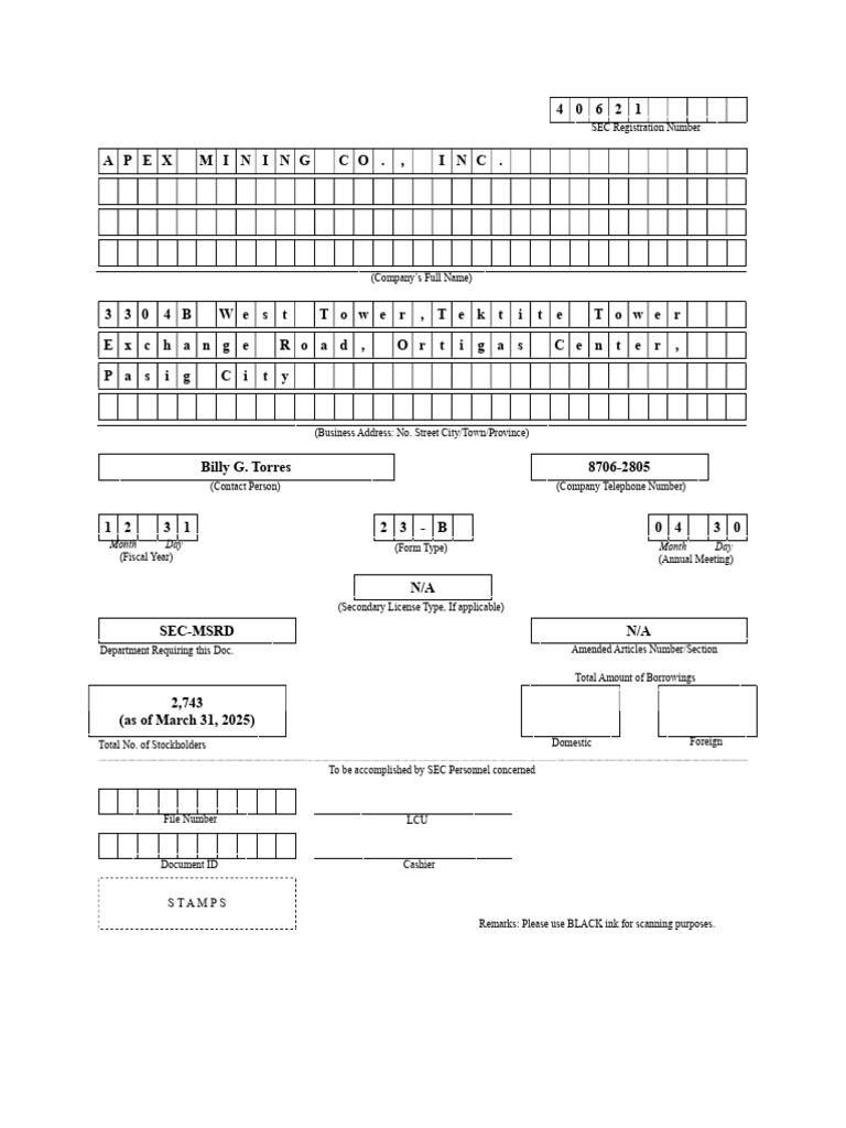 Apex Mining Co Inc. SEC Form 23-B PSHI | PDF