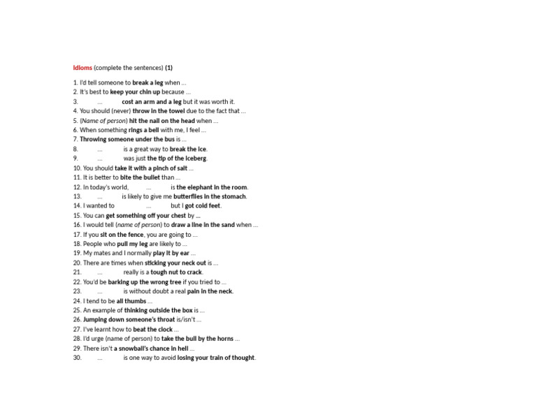 Idioms Complete The Sentences (1) v2 | PDF