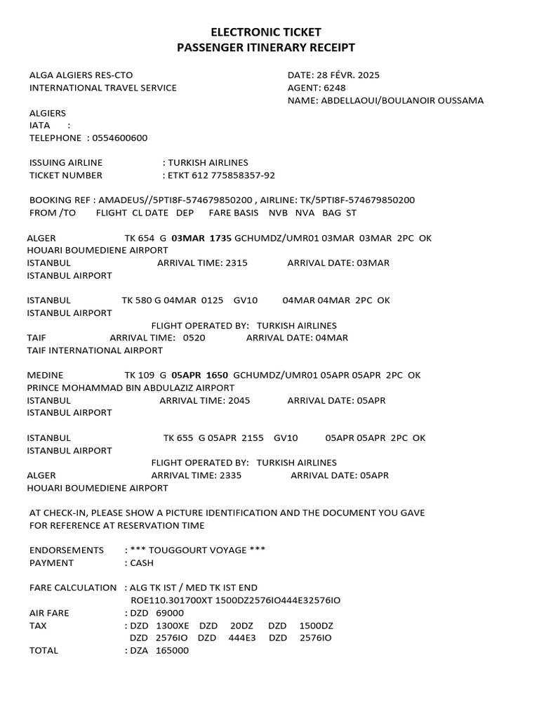 Turkish Airlines Itinerary Receipt | PDF | Airlines | Aviation