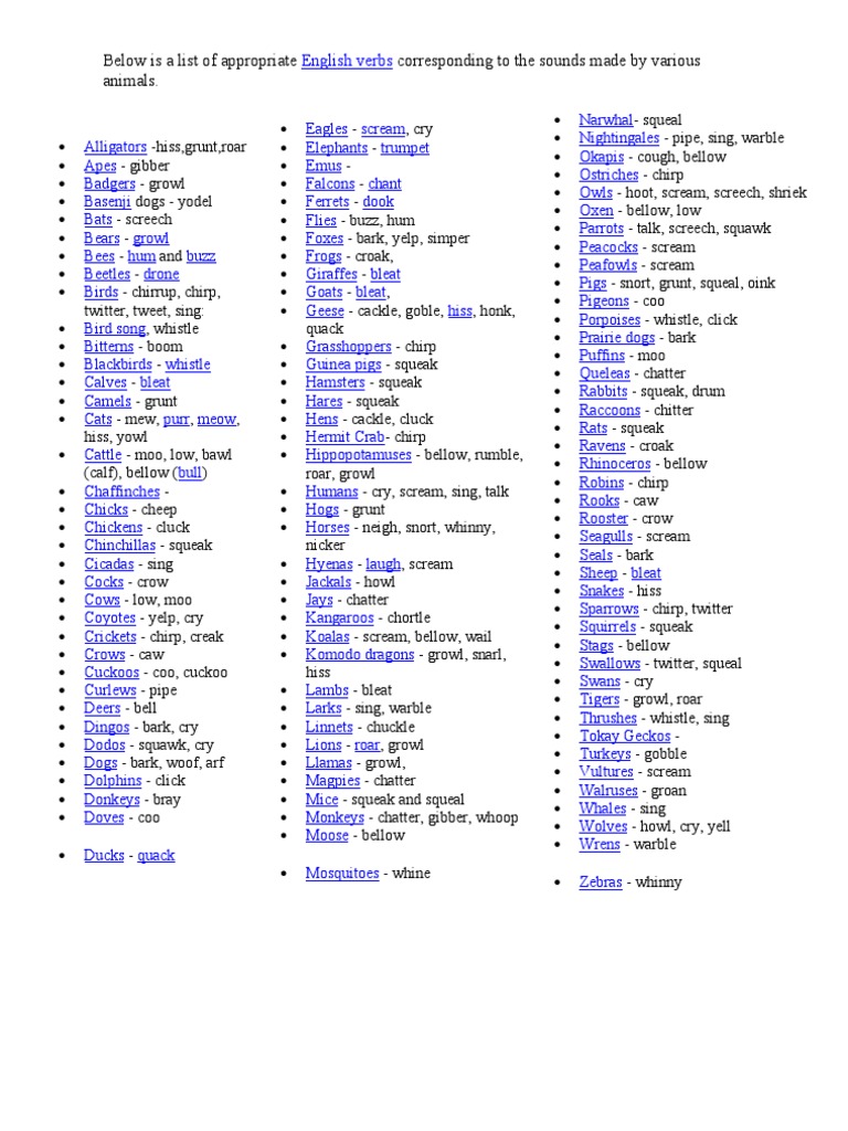 LIST Animal Sounds | PDF | Cooking, Food & Wine