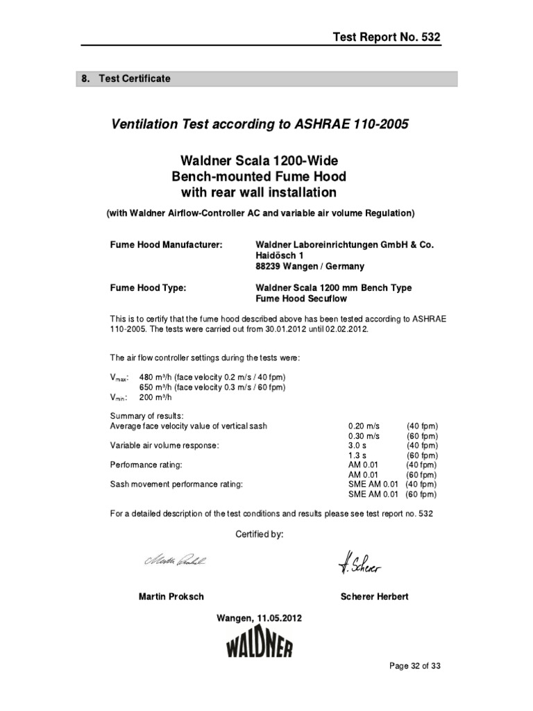 Test Certificate No. 532 RWI-SF-TA1200 US 40 60fpm ASHRAE110-2005 | PDF