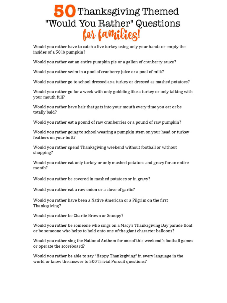 50 Thanksgiving-Themed Would You Rather Questions For Families-1 | PDF ...