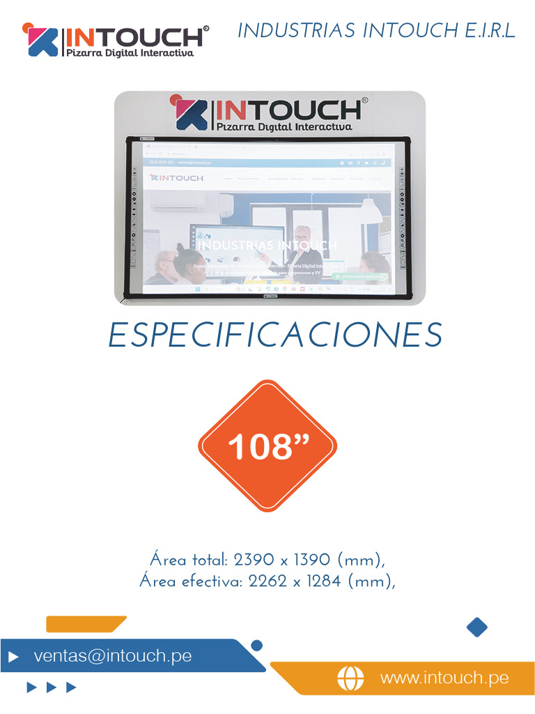 Especificaciones Pizarra Digital 108 INTOUCH | PDF | USB | Pantalla táctil
