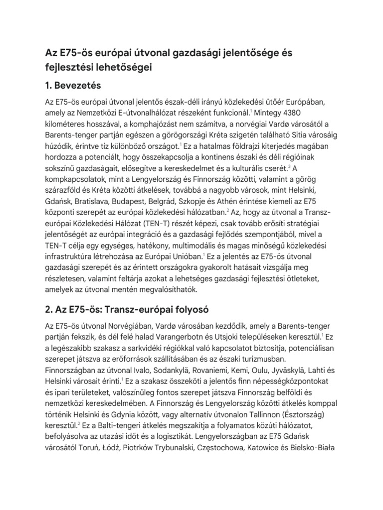 Az E75-Ös Európai Útvonal Gazdasági Jelentősége És Fejlesztési Lehetőségei | PDF