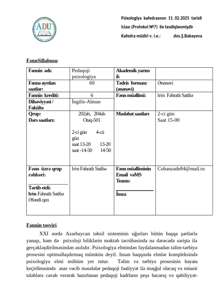 Pedaqoji̇ - Psi̇xologi̇ya - Yeni̇ - FTN - HƏFTƏ 1 | PDF