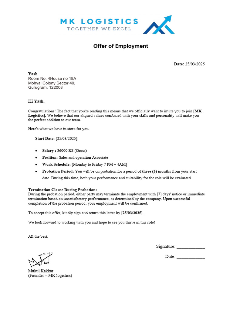 Yash Technologies Employment Offer Letter | PDF