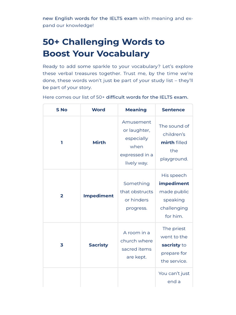 50 Difficult Words for IELTS Success | PDF | Vocabulary | Mnemonic