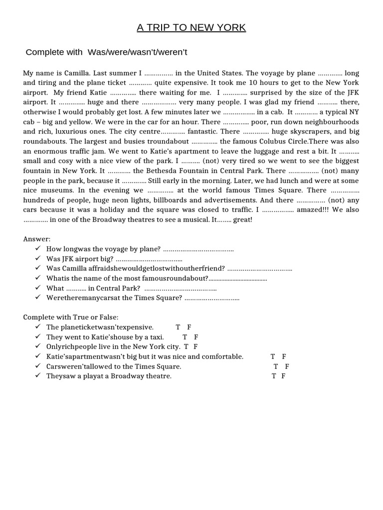 New York Trip: Was/Were Comprehension | PDF