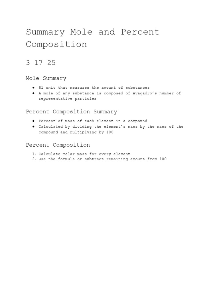 Denzel Julien - Summary Mole & Percent Composition | PDF