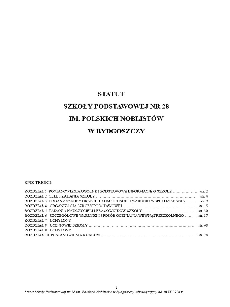 Statut SP 28 Im. Polskich Noblistow W Bydgoszczy Obow. Od 26 IX 2024 R | PDF