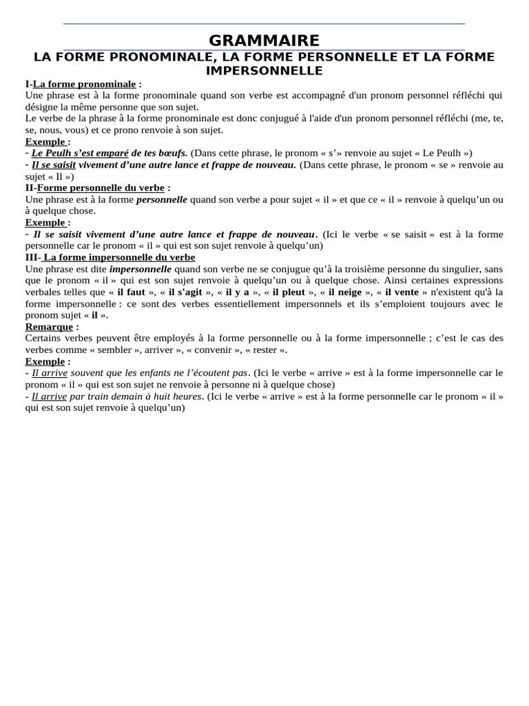 Formes verbales : personnelle et impersonnelle | PDF