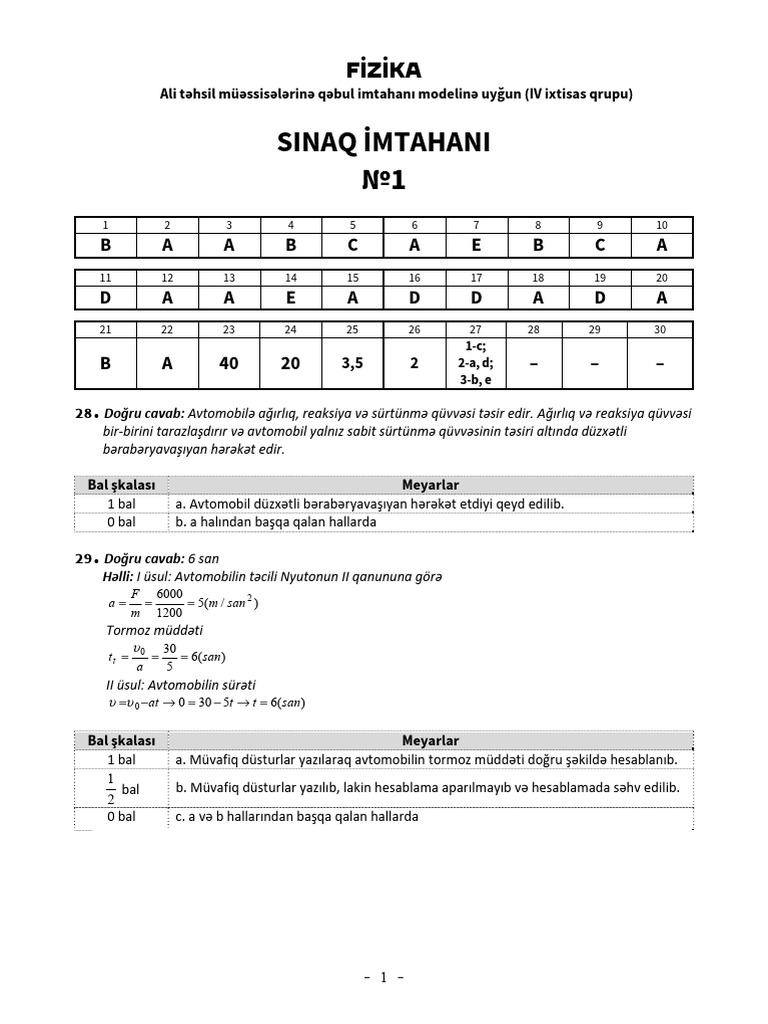Fizika Qrup 4 AZ Sinaq 1 | PDF