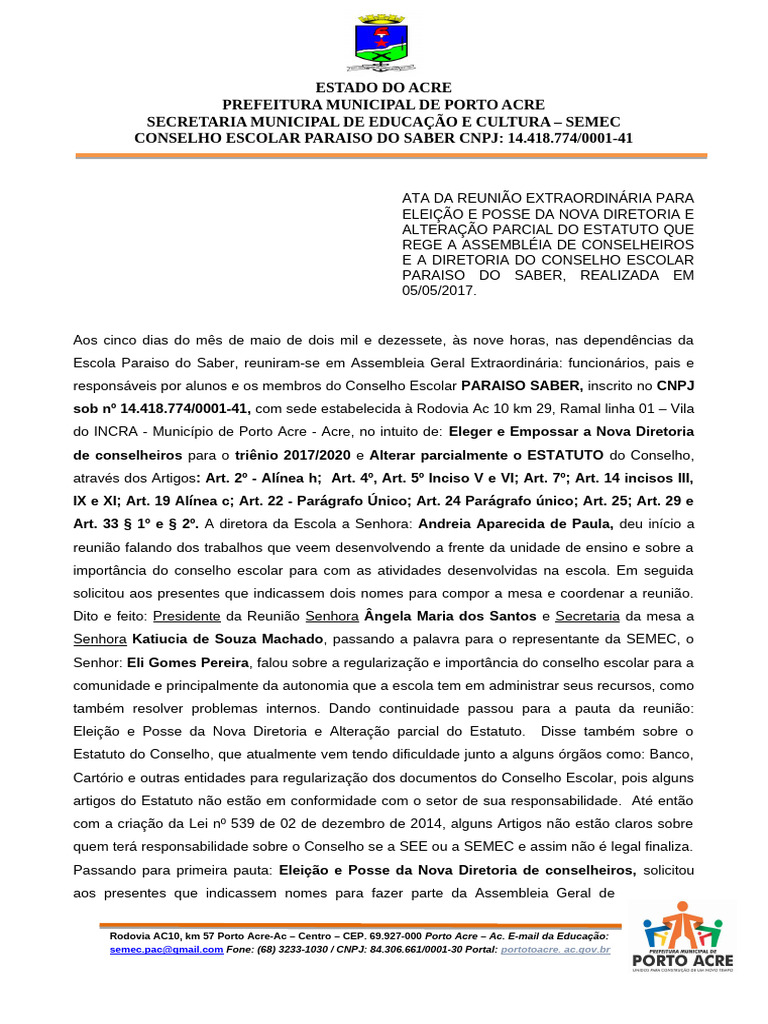 Ata da Reunião do Conselho Escolar 2017 | PDF | Brasil