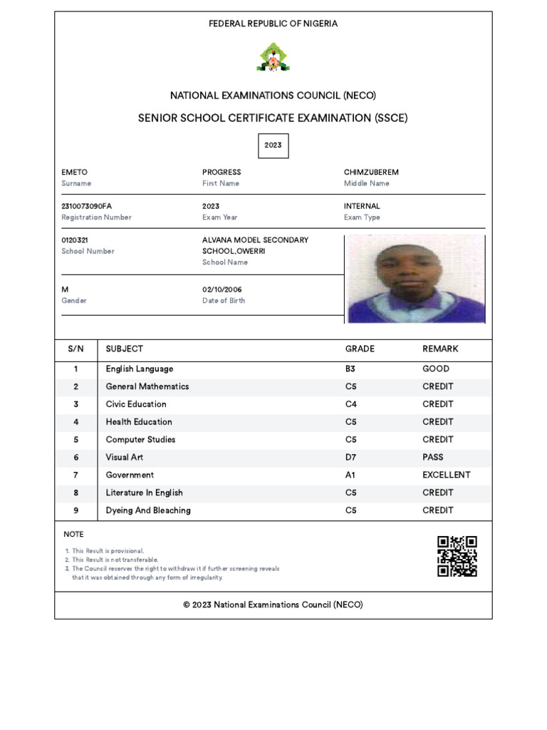 NECO Results Portal | PDF
