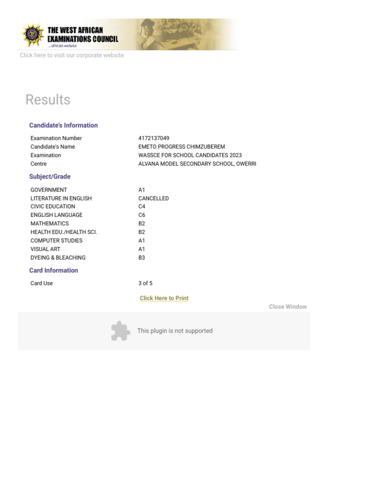 Waecdirect Online - Results | PDF