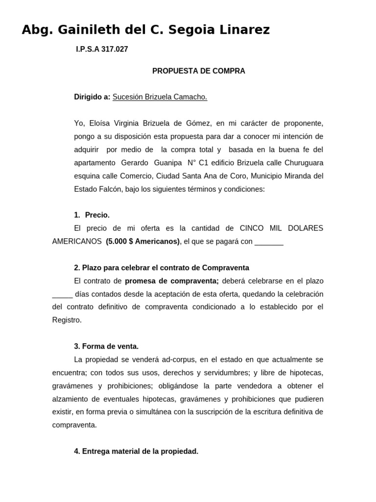 Propuesta de Compra de Apartamento en Coro | PDF | Ley común | Derecho ...
