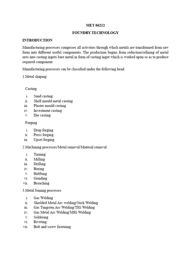 Met 06212-Foundry Technology | PDF | Foundry | Casting