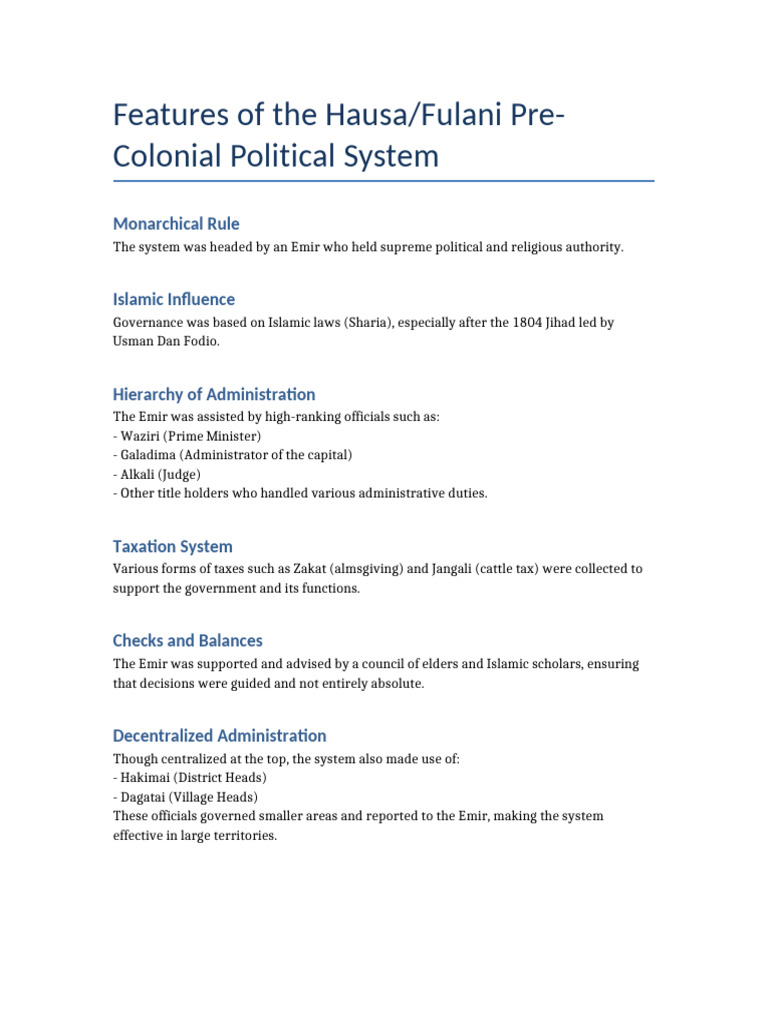 Hausa/Fulani Pre-Colonial Governance | PDF