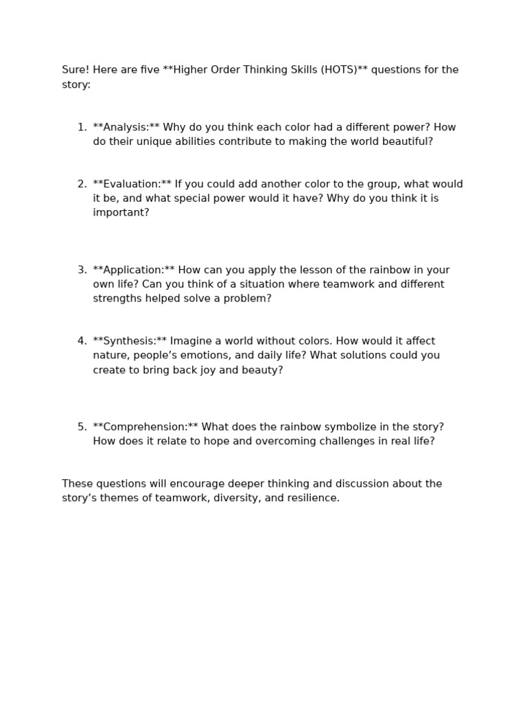 HOTS Questions on Rainbow Story Themes | PDF