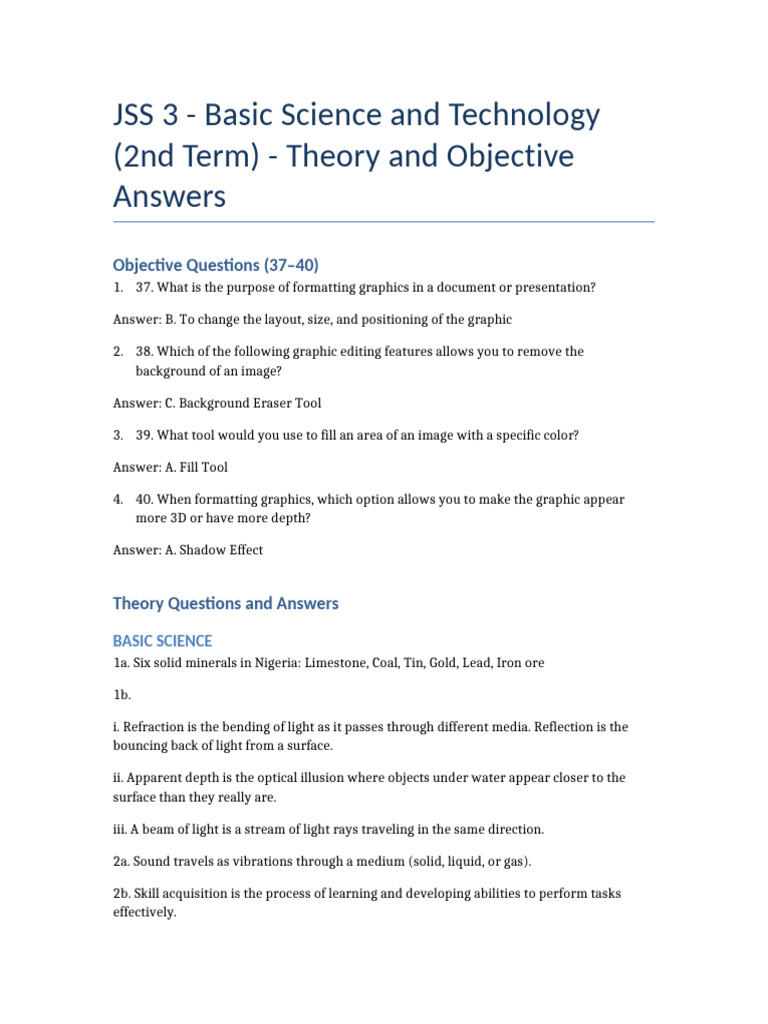 JSS3 Basic Science and Technology Answers | PDF | Light | Radiation