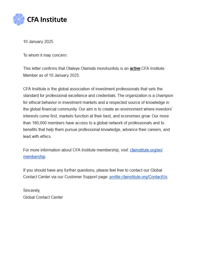 Cfa Membership Verification Letter | PDF