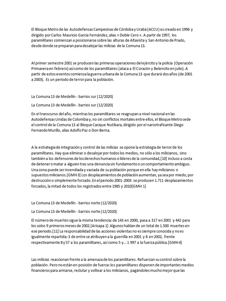 El Bloque Metro de Las Autodefensas Campesinas de Córdoba y Urabá | PDF