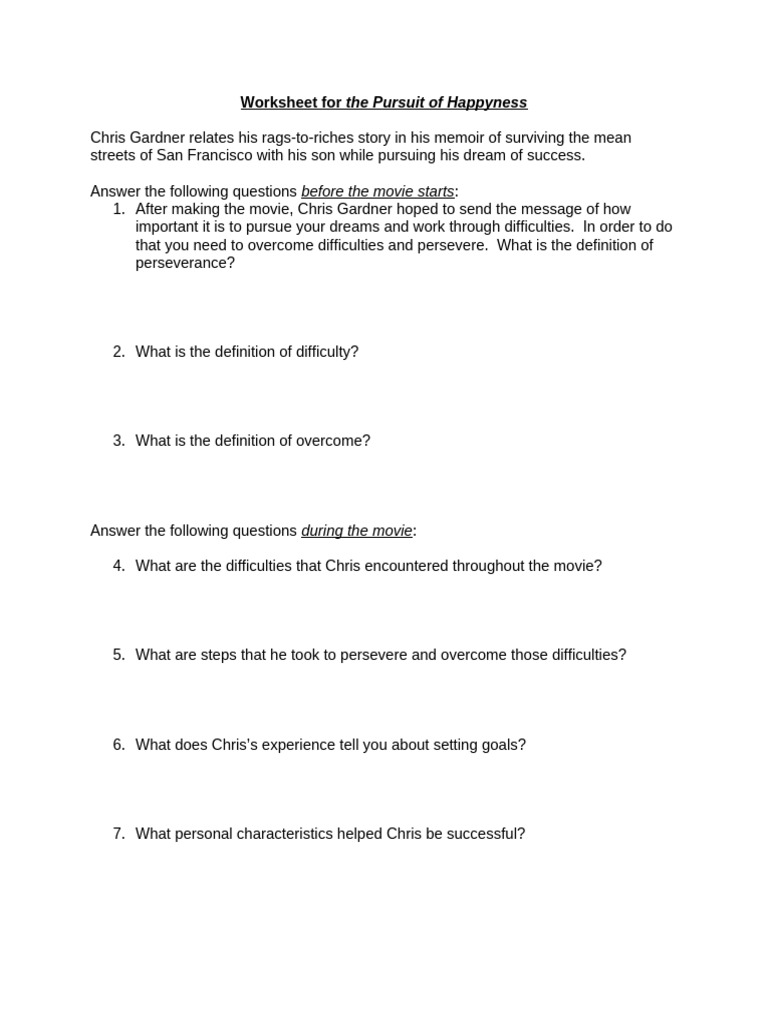 Pursuit of Happyness Worksheet Guide | PDF