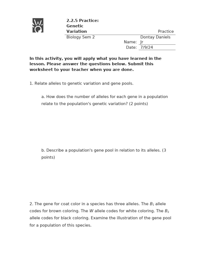 2.2.5 Practice - Genetic Variation (Practice) | PDF | Allele | Genotype