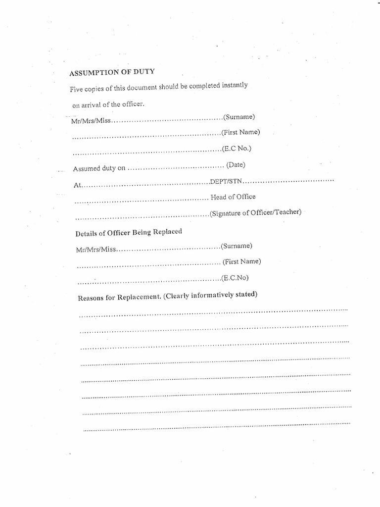 Assumption of Duty Form Template | PDF
