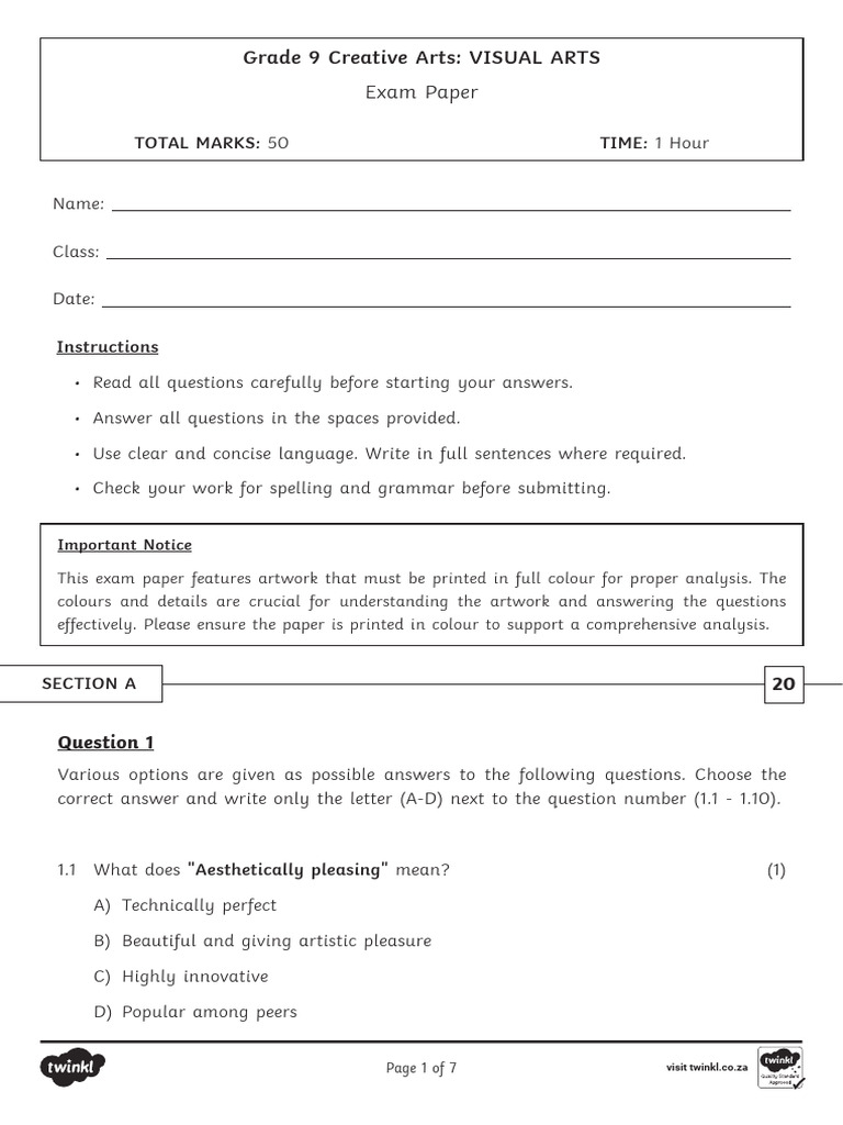 Grade 9 Creative Arts Visual Arts Year-End Exam (BW) | PDF ...