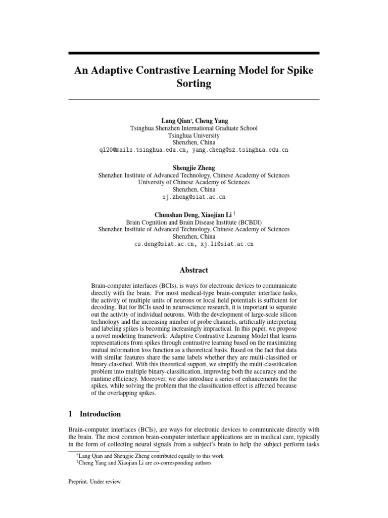 An Adaptive Contrastive Learning Model for Spike Sorting | PDF | Cognitive Science | Applied ...