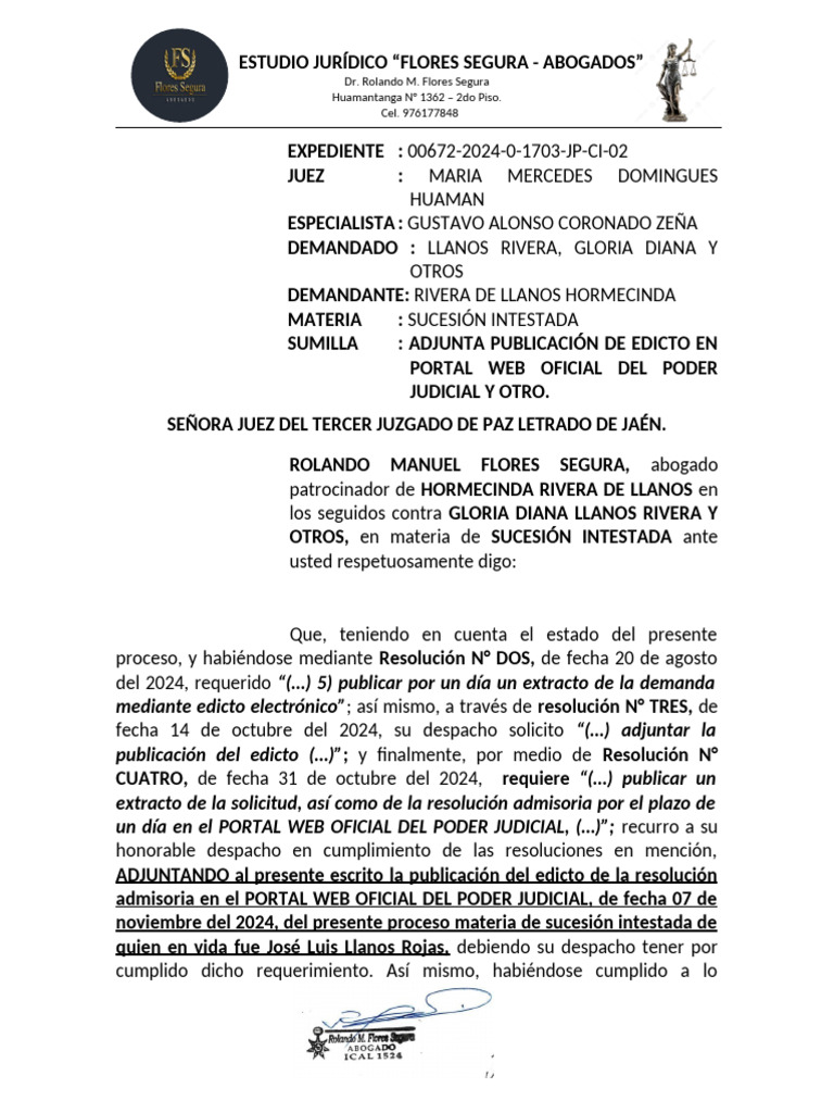 Hormecinda Rivera de Llanos-Adjunta Cargo de Publicacion de Edicto | PDF | Demanda judicial ...