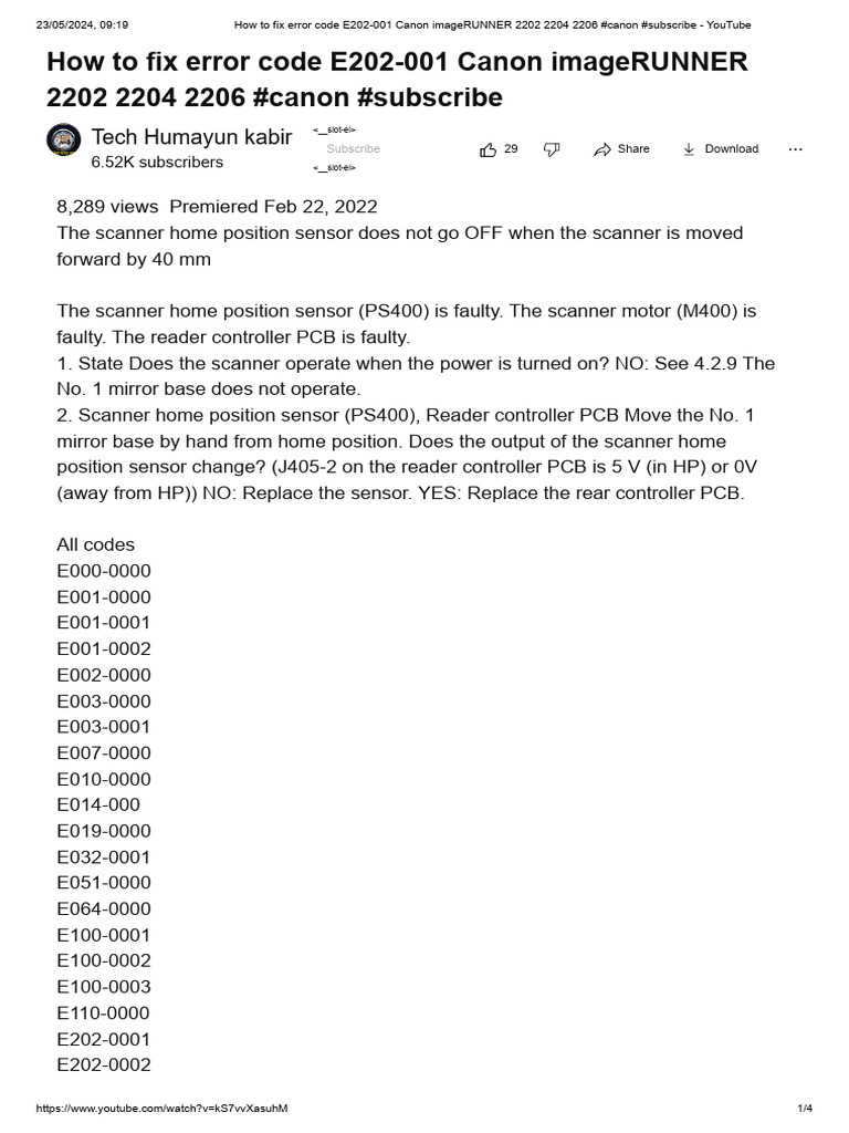 How to fix error code E202-001 Canon imageRUNNER 2202 2204 2206 #canon #subscribe - YouTube | PDF