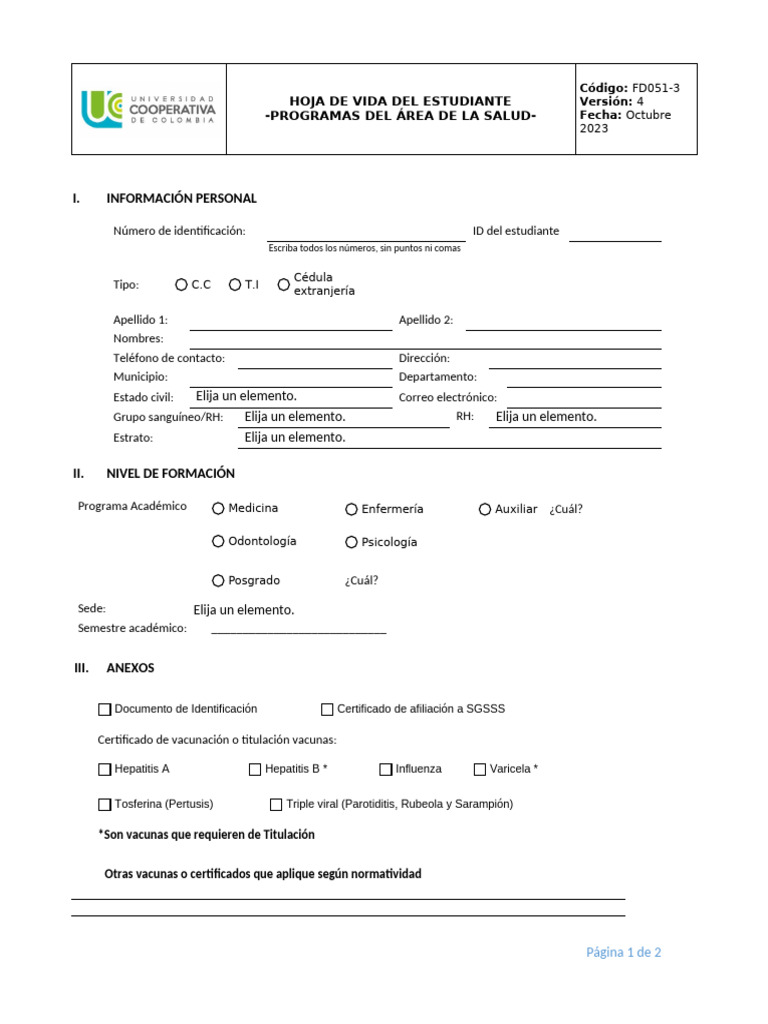 FD051-3 V4 FORMATO HOJA DE VIDA DEL ESTUDIANTE - PROGRAMAS DEL AREA DE LA SALUD | PDF | Vacunas
