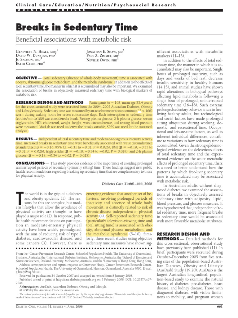Breaks in Sedentary Time Benefits | PDF | Sedentary Lifestyle | Diabetes