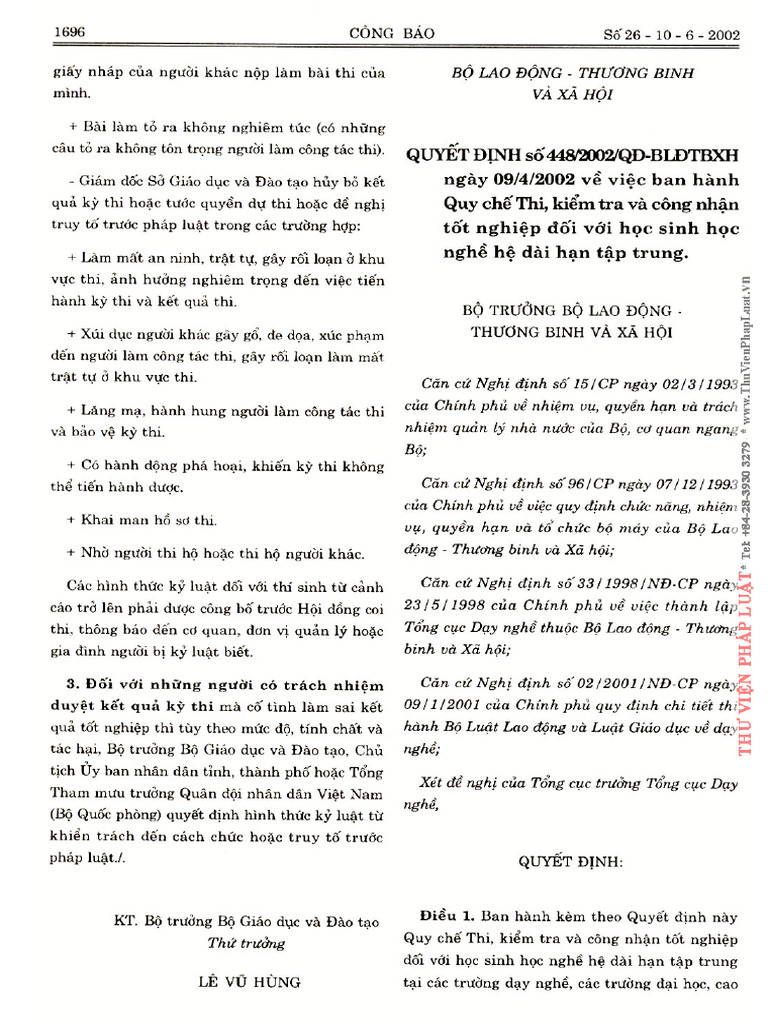448 - 2002 - QD-BLDTBXH - công Nhân Kỹ Thuật 18 Tháng | PDF