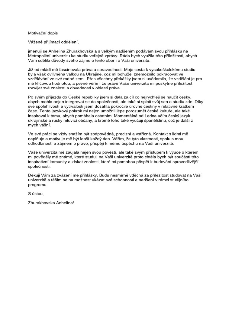 Motivační dopis | PDF