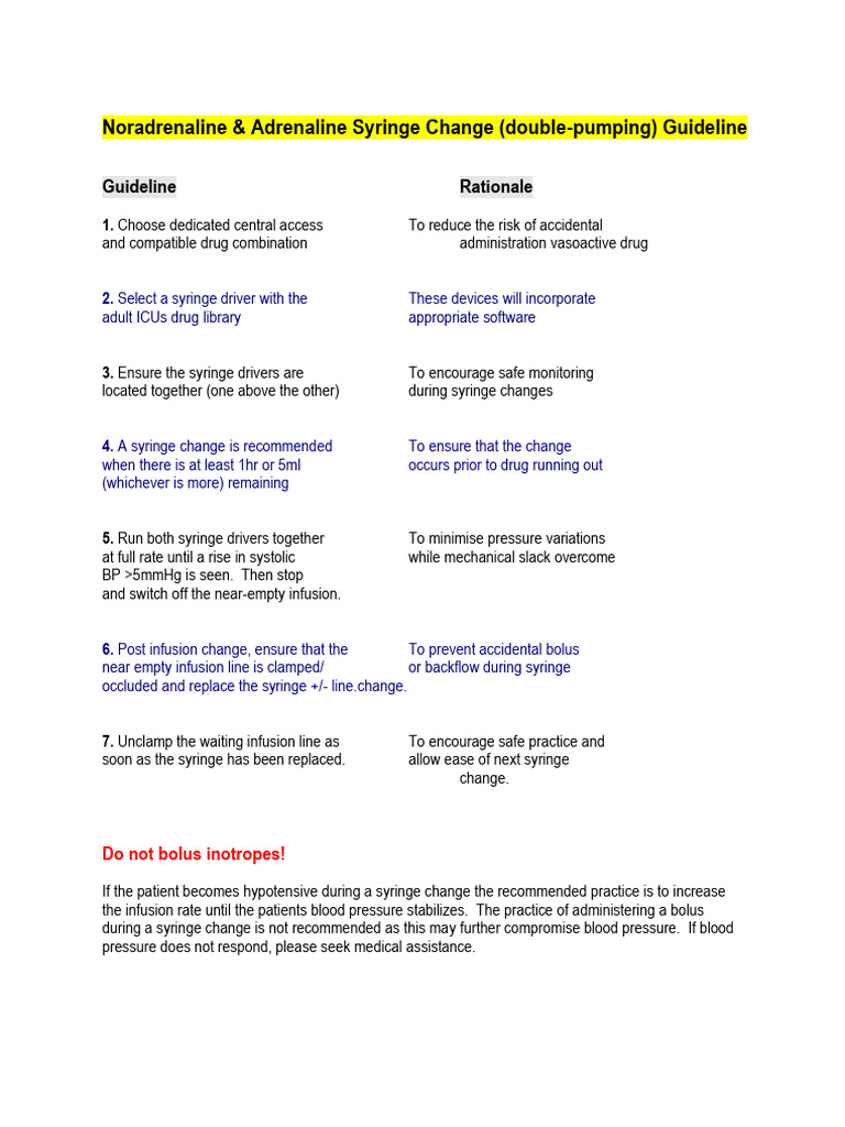 Noradrenaline - Adrenaline Syringe Change - Double-Pumping - Guideline | PDF