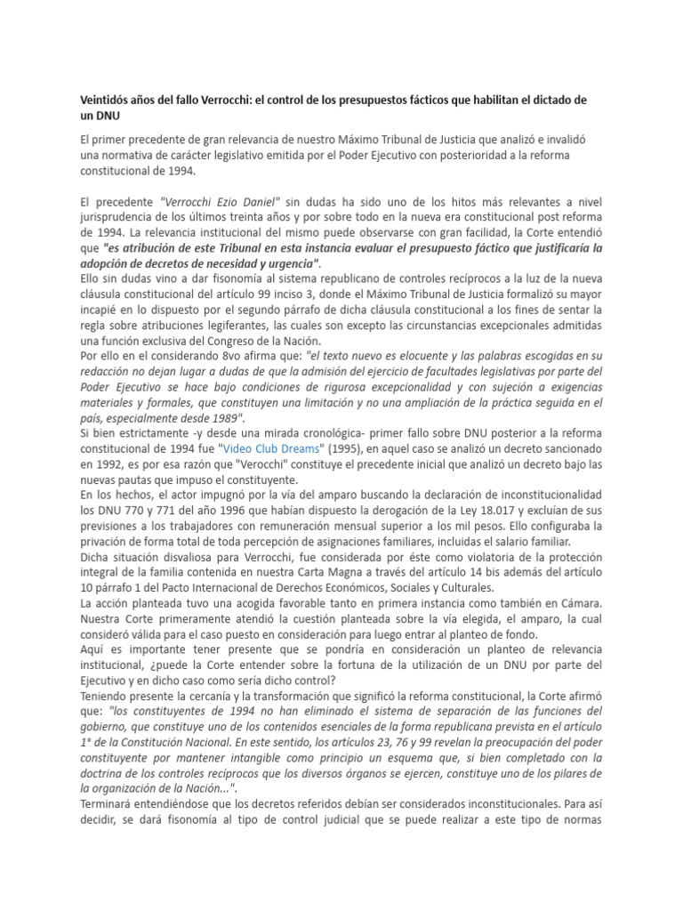 Análisis del fallo Verrocchi sobre DNU | PDF | Constitución | Precedente