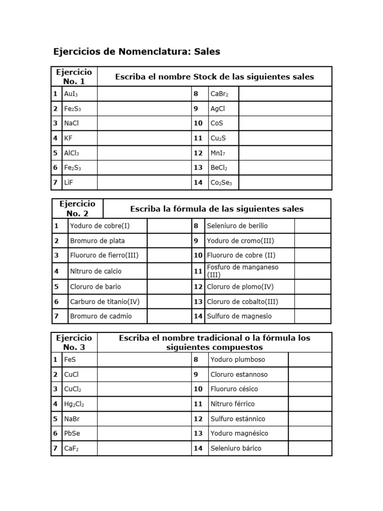 Ejercicios Nomenclatura 5 Sales | PDF | Sal (química) | Conjuntos de elementos químicos