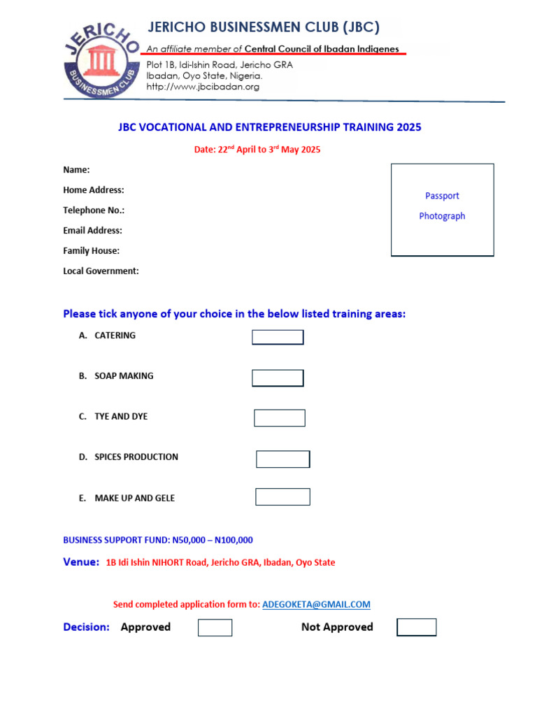 JBC Vocational and Entrepreneurship Training Application Form | PDF