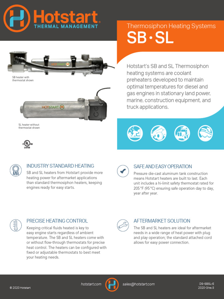 Hotstart-Data-Sheet-SB-SL SB125208-200 | PDF | Thermostat | Coolant