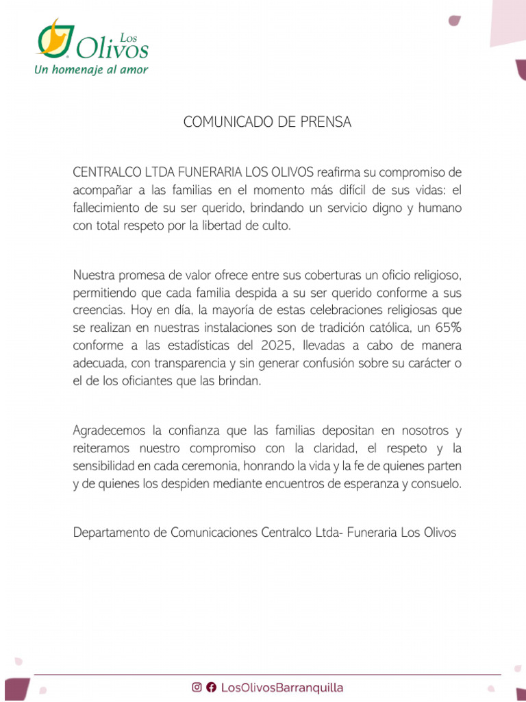 Funeraria Los Olivos Afirma Que El 65% de Sus Ceremonias Religiosas Son ...
